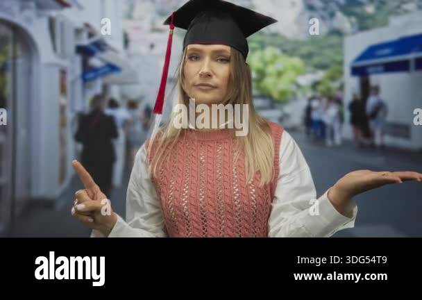 Woman in graduation cap gestures no in bustling city street with a ...