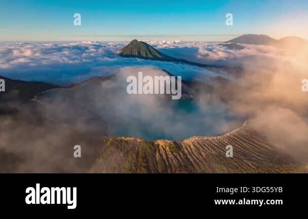 Drone hyperlapse aerial view flying orbit around mountain Kawah Ijen ...