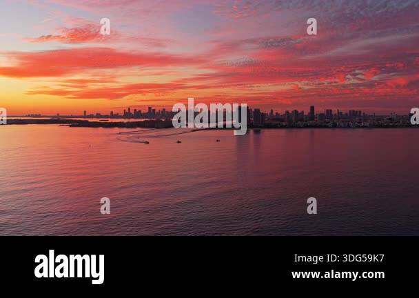 Sunset dramatic sky Miami city. Seascape with cityscape on sunset ...