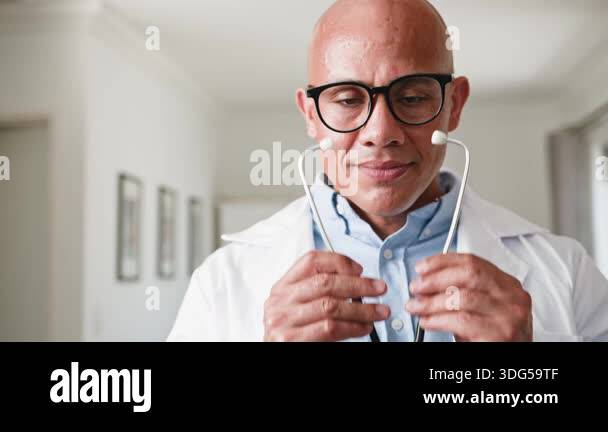A friendly and professional bald doctor, wearing glasses and a lab coat ...