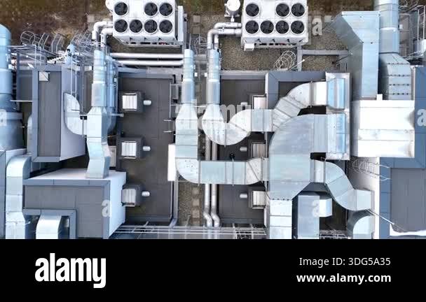 Aerial view of industrial rooftop showcasing extensive HVAC system with ...