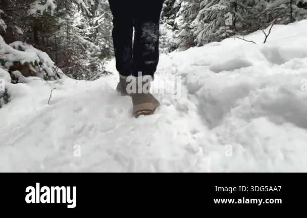 Young woman walking through snowy forest trail with winter boots ...