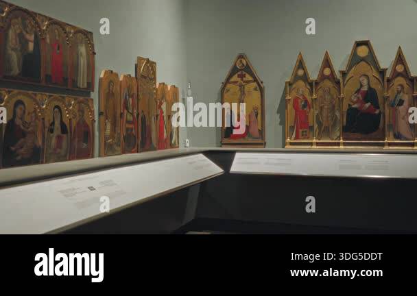 Defocused museum background with soft bokeh, angled exhibit panels and ...