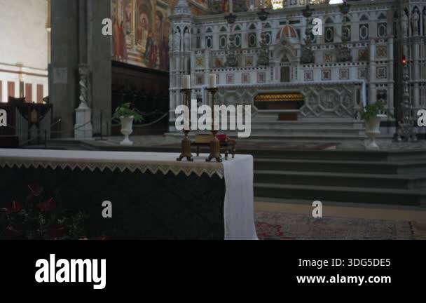 Blurred catholic church interior with soft bokeh altar and defocused ...