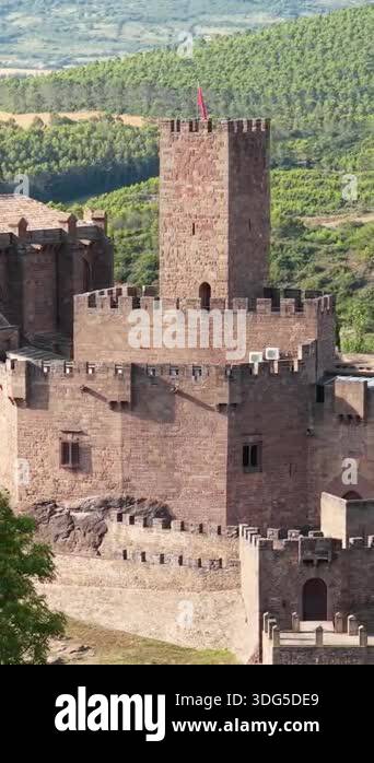 Detail of the keep and battlements of the medieval javier castle, a ...