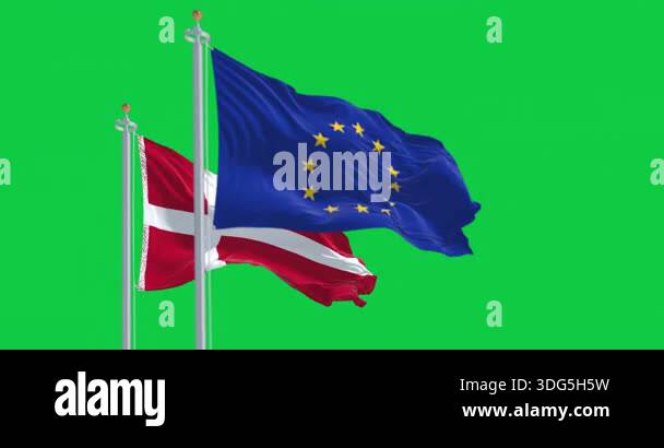 National flags of Denmark and of the European Union waving in the wind ...