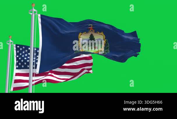 Vermont and the american flags waving in the wind isolated on green ...