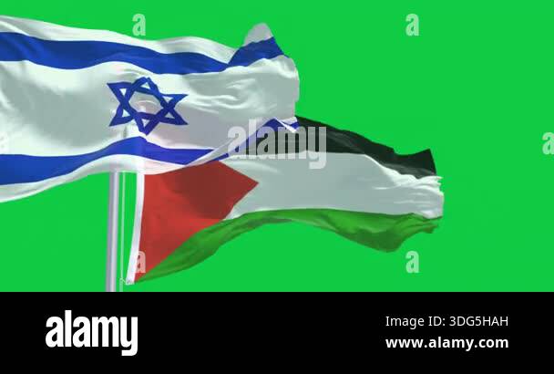 Flags of Israel and Palestine waving in the wind isolated on green ...