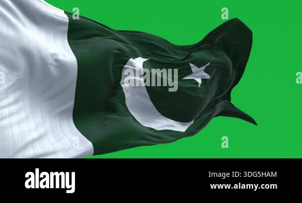 Pakistan National flag waving in the wind isolated on green background ...