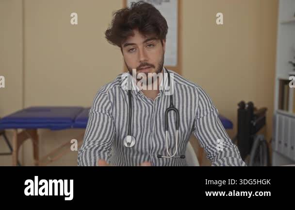 Young hispanic man doctor with beard in clinic office wearing striped ...