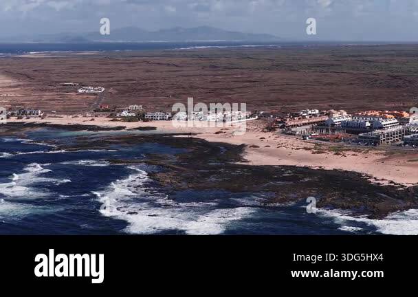 Aerial view of Fuerteventura, Canary Islands. Atlantic waves hit ...