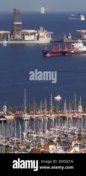 Aerial view of Las Palmas de Gran Canaria harbor and marina with masts ...
