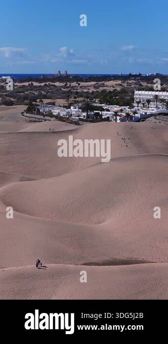 Aerial view shows Maspalomas dunes, white resort hotels, palm groves ...