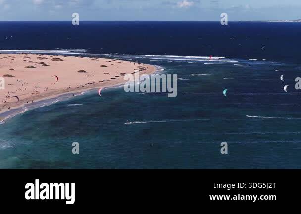 Aerial daytime view of Fuerteventura sandy spit and dunes with ...