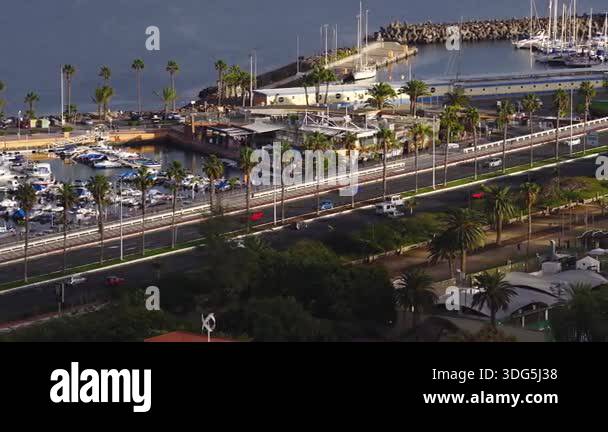 Aerial view of Las Palmas de Gran Canaria shows a busy marina ...