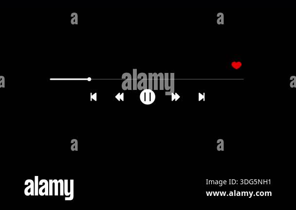 Music player overlay with progress bar, playback controls, red heart ...