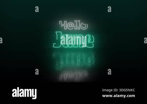 Teal neon Hello June text glowing on a dark reflective surface ...