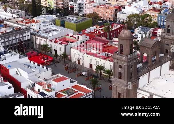 Aerial sweep of Catedral de Santa Ana and Plaza Santa Ana, Las Palmas ...