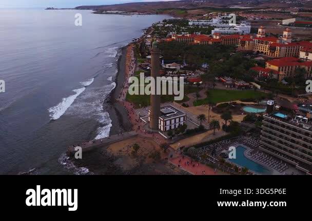 Aerial view of Maspalomas Lighthouse, Gran Canaria, palm promenades ...