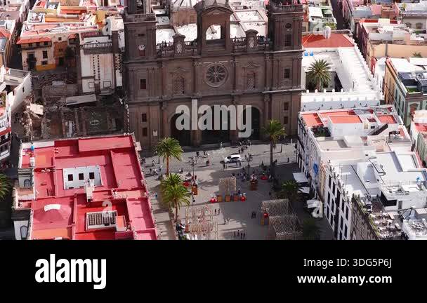 Aerial view shows Catedral de Santa Ana facade, rose window, twin ...
