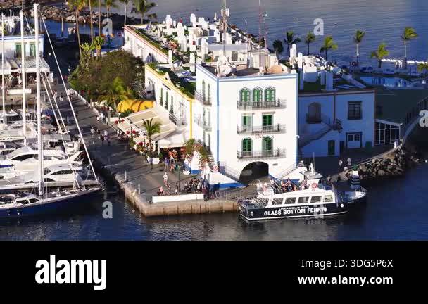 Aerial view shows Puerto de Mogan marina in Gran Canaria, white ...