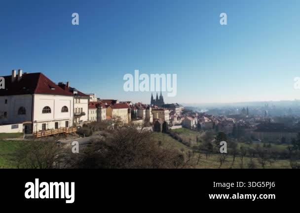Stunning panorama of Prague Castle seen from Petrin Hill, with red ...