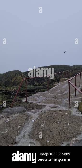 Concrete path with metal handrails leading across rugged coastal hills ...