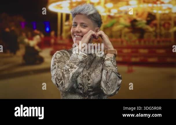 Caucasian woman with short grey hair forms heart gesture with both ...
