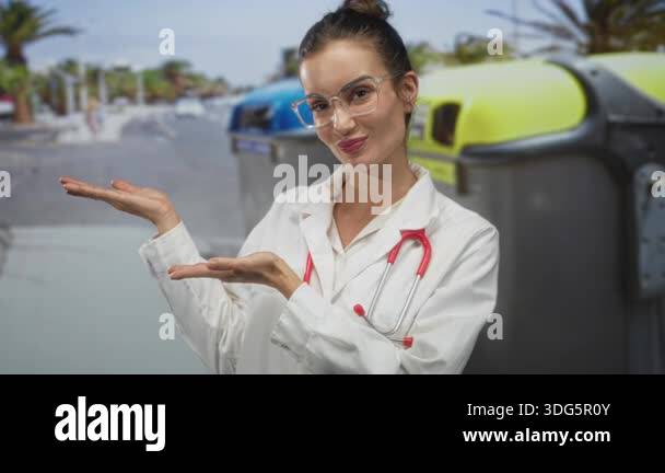 Young hispanic woman doctor with red stethoscope gestures open hands ...