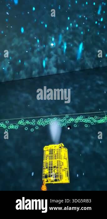 A digital screen displays a dark interface featuring glowing green ...