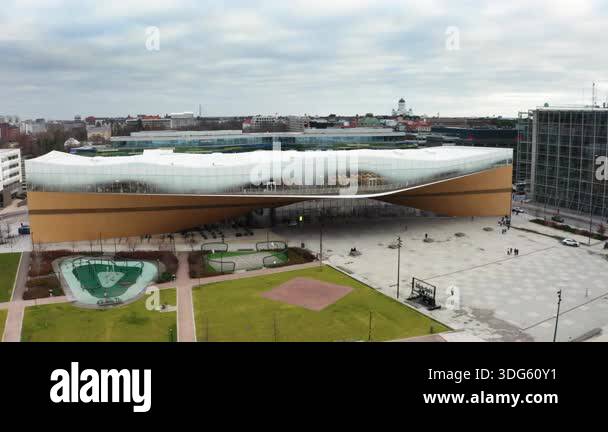 Aerial view of Oodi Central Library in Helsinki with city skyline and ...