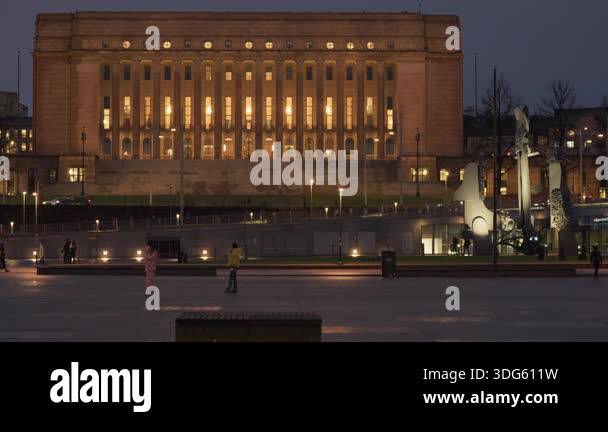 Parliament House of Finland facade with illuminated windows and modern ...