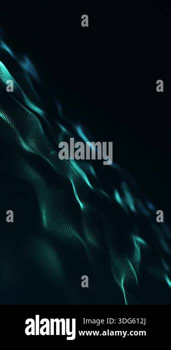 Deep green and blue particle waves flowing in dark space, abstract ...