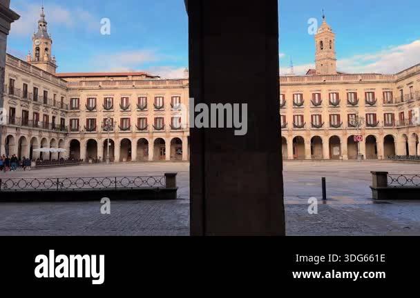 Cinematic dolly video shot moving between stone columns at Spain square ...