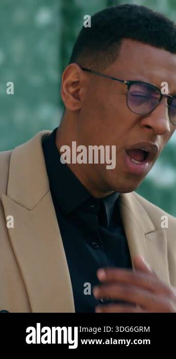 African American business man city street coughing sick suffering from ...