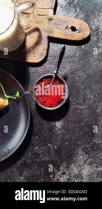 Traditional blini with cream cheese and red caviar.Maslenitsa Stock ...