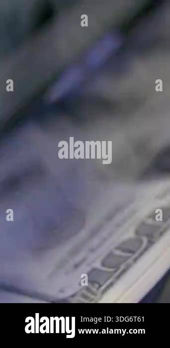 Close up of Cash Counting Machine Processing Banknotes of 100 Dollars ...