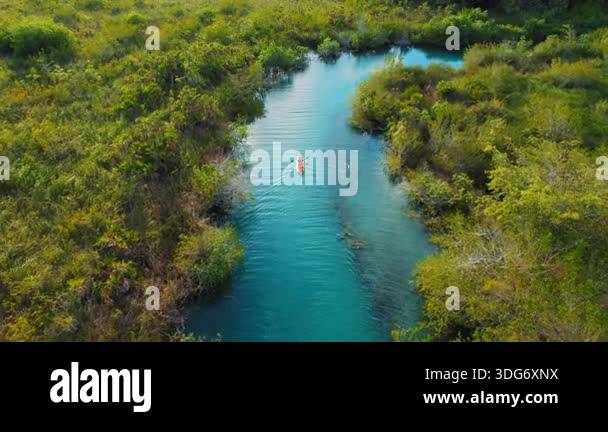 Kayak gliding through clear blue canal surrounded by dense vegetation ...