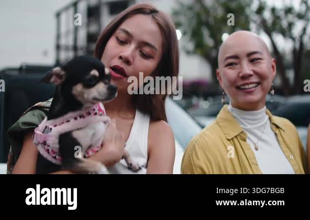 Young woman affectionately holding and kissing her cute chihuahua while ...