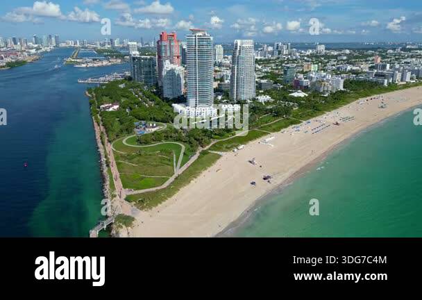 Miami beach skyline above ocean. Miami beach aerial luxury waterfront ...