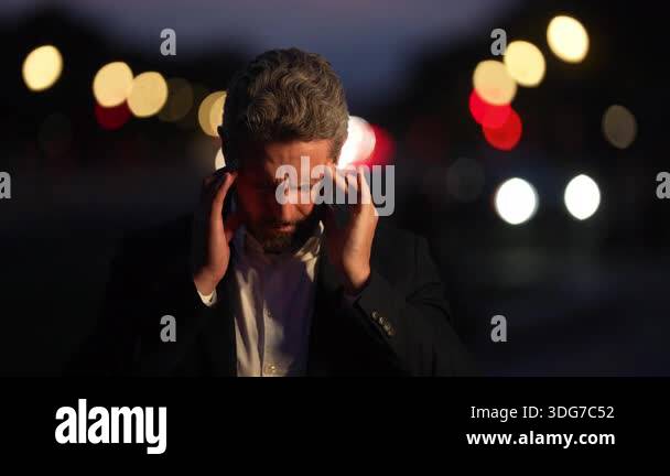 Man experiencing burnout after long workday. Mental health awareness ...