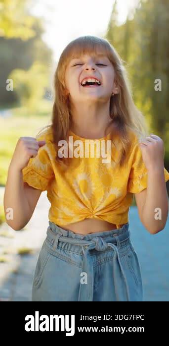 Preteen child kid shouting, celebrating success, winning, goal ...