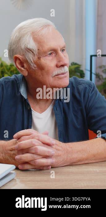 Portrait of happy calm senior man smiling glad expression looking ...