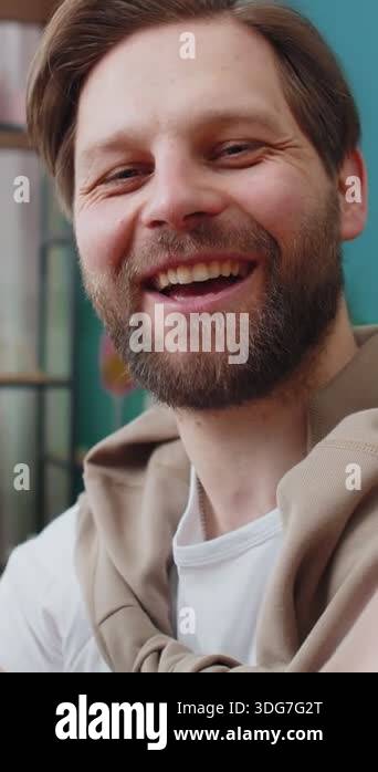 POV of Caucasian man blogger taking selfie on smartphone, communicating ...