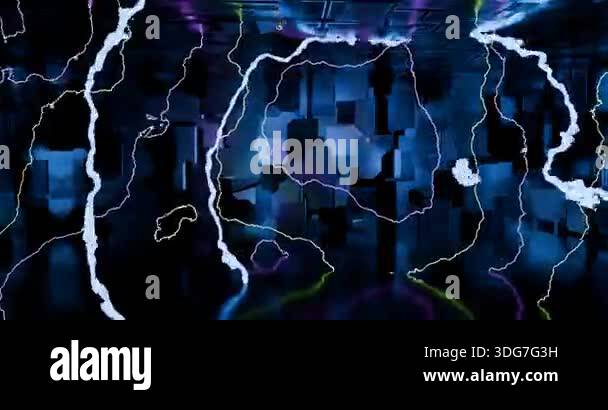 looping animation of Abstract digital art with neon lightning on a dark ...