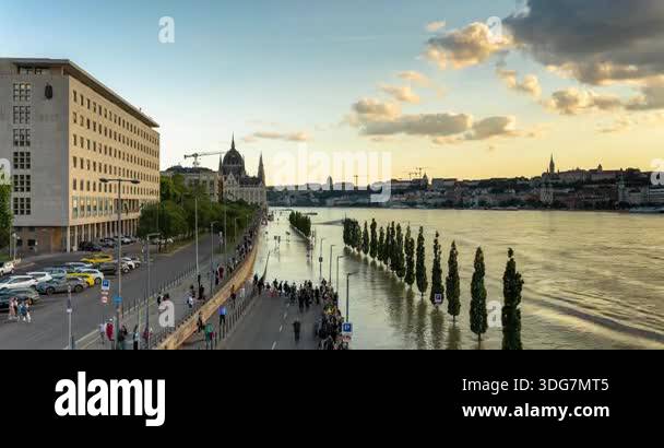 Budapest, Hungary - September 19, 2024: The Danube River overflowing ...