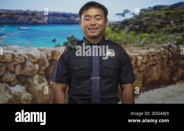 Young chinese man with police badge stands smiling in navy uniform on ...