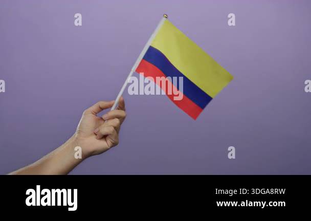 Caucasian man holding colombian flag against purple wall, showcasing ...