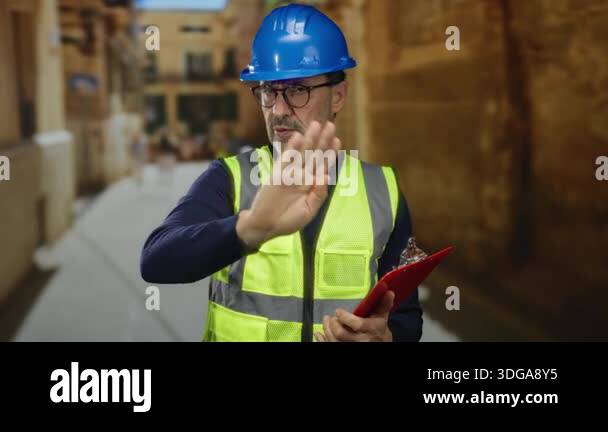 Man wearing safety vest and hard hat makes a stop gesture with urban ...