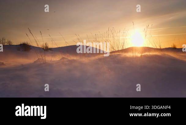 Frozen landscape snow covered field after blizzard, ice desert, winter ...